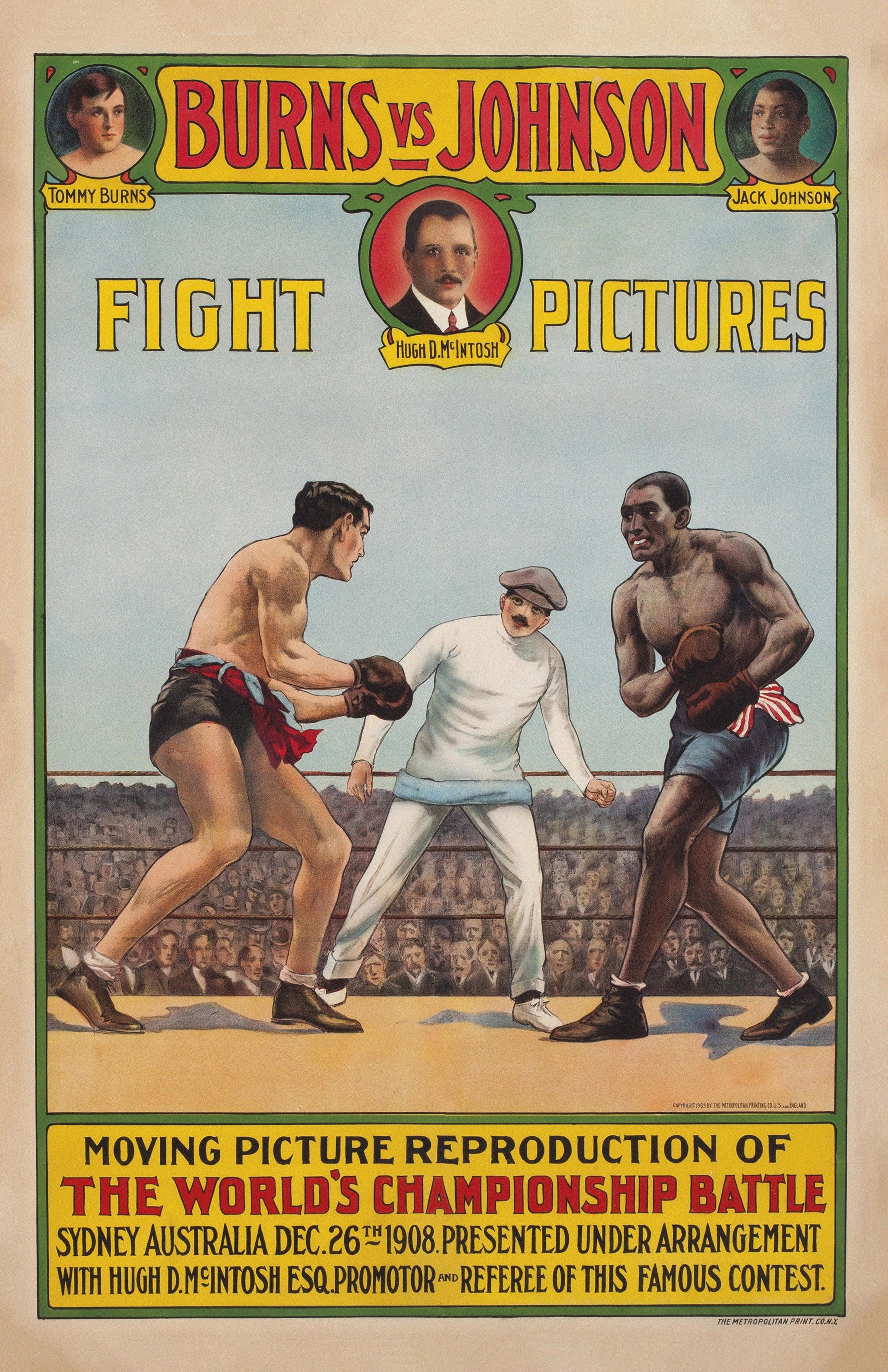 Tommy Burns vs. Jack Johnson 1908 Boxing Poster Reproduction – World H ...